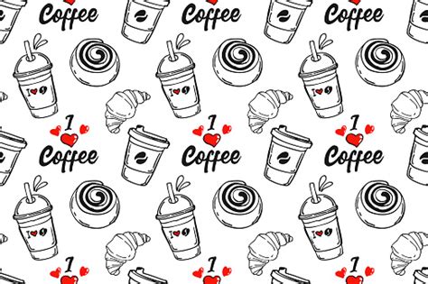 완벽 한 패턴입니다 커피 낙서 스타일 커피 한 잔 크로와상 도넛과 함께 다양한 손으로 쓴 단어 과자와 음료의 손으로 그린 벡터 그림 개체 그룹에 대한 스톡 벡터 아트 및