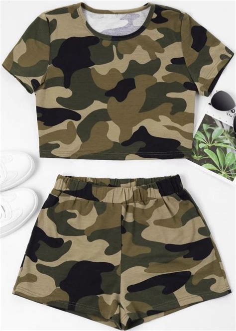 Zaful Camouflage Crop Tee And Shorts Set Trendy Camouflage Tops For