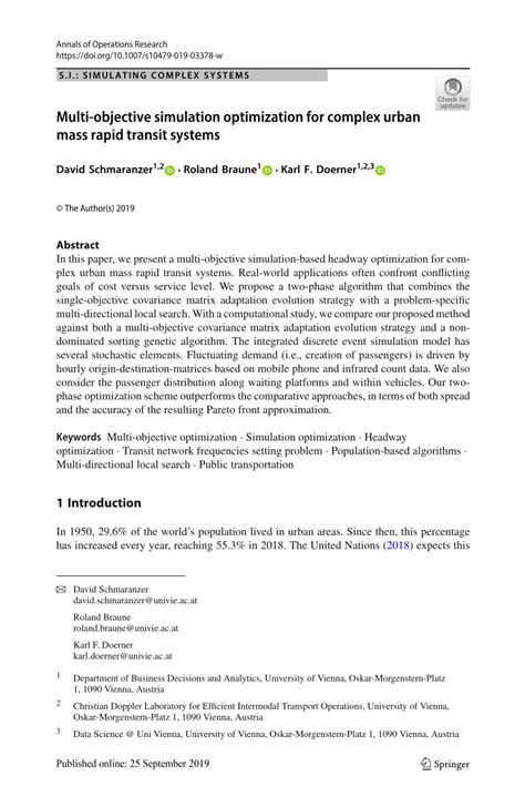 Pdf Multi Objective Simulation Optimization For Complex Urban Mass Rapid Transit Systems