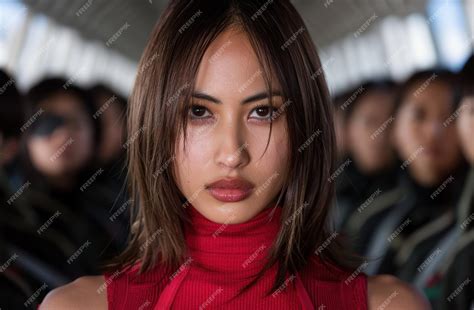 Beautiful Asian Woman In Red Sweater Premium Ai Generated Image