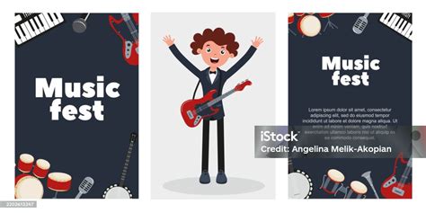 다양한 악기와 생동감 넘치는 장식으로 활기찬 음악 축제에서 공연하는 뮤지션 공연에 대한 스톡 벡터 아트 및 기타 이미지 공연 기타 현악기 노래 Istock
