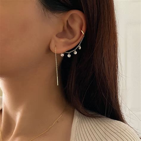 14k Gold Plated Dangle Chain Earrings Gold Ear Cuff Chain Etsy