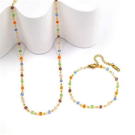 Set Collar Y Pulsera Cristales Cubo Tonos Ocre Azulturquesa Joyería