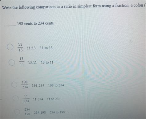 solved write the following comparison as a ratio in simplest form