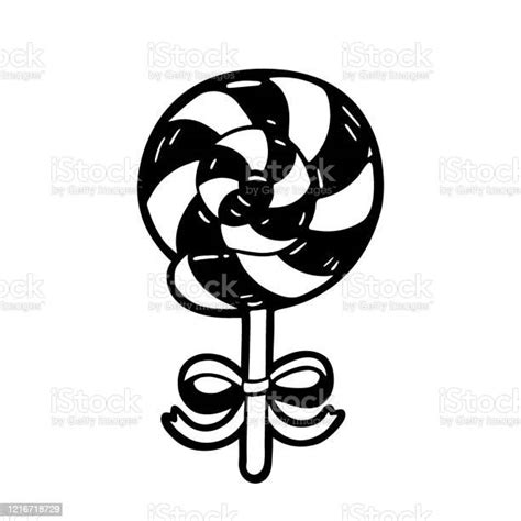 스틱에 라인 아트 만화 스타일 낙서 캐릭터 사탕 소용돌이 줄무늬 롤리팝 이모티콘 얼굴 아이콘입니다 흰색 배경에 격리 된 손으로 그린 검은 잉크 그림입니다 벡터 검은색에 대한