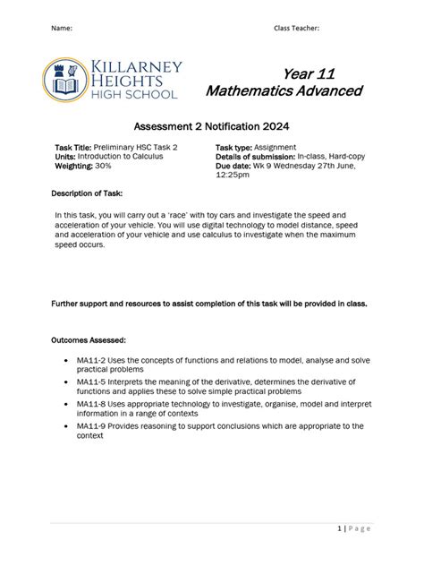 2024 Mathematics Advanced Task 2 Assessment Notification Pdf Derivative Mathematics