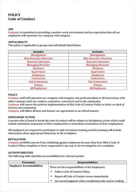 Code Of Conduct Policy Template Instant Download