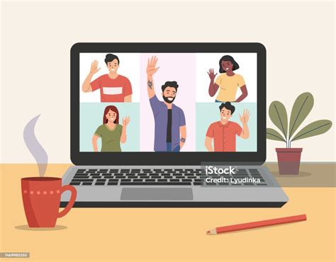 다른 사람들의 화상 회의 젊은 여성과 남성은 유쾌하게 웃으며 인사하는 몸짓으로 손을 흔들고 있습니다 책상 위의 노트북 교육에 대한 스톡 벡터 아트 및 기타 이미지 Istock