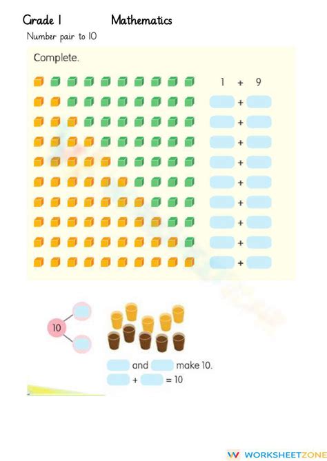 number pair to 10 and subtract from 9 worksheet