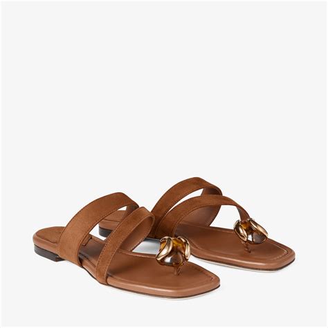 Emeri Stone Flat Tan And Amber Suede Flat Sandals Jimmy Choo