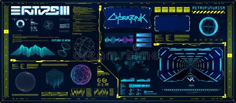 Retro Wave Cyberpunk With Hud Interface Elements And 3d Shapes Stock