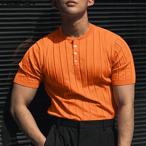 [ดีเลิศ] เสื้อยืดถักลำลองผู้ชายแขนสั้น Incerun เสื้อยืดสตรีทางการแบบติดกระดุม สไตล์เกาหลี