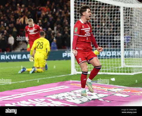 Hayden Hackney Of Middlesbrough Celebrates Scoring During The Carabao Cup Semi Final Match