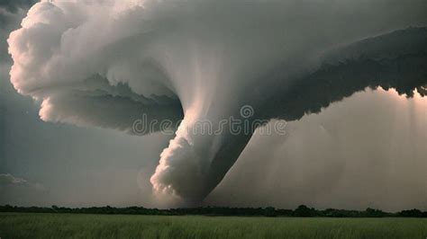 A Massive Tornado Its Dark Funnel Cloud Reaching Towards The Sky