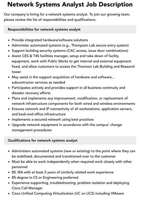 Network Systems Analyst Job Description Velvet Jobs