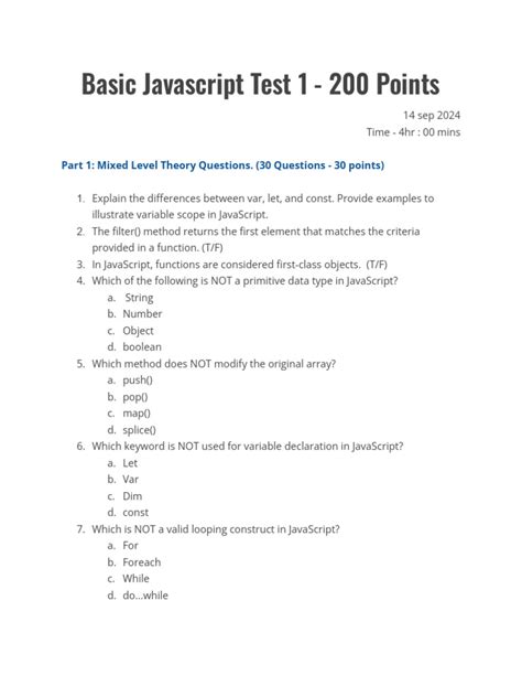 Basic Javascript Test 1 200 Points Pdf Java Script Scope Computer Science