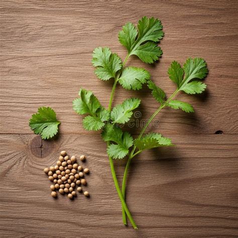 Fresh Cilantro Leaves Coriandrum Sativum Are Displayed On A Textured Woode Stock Illustration