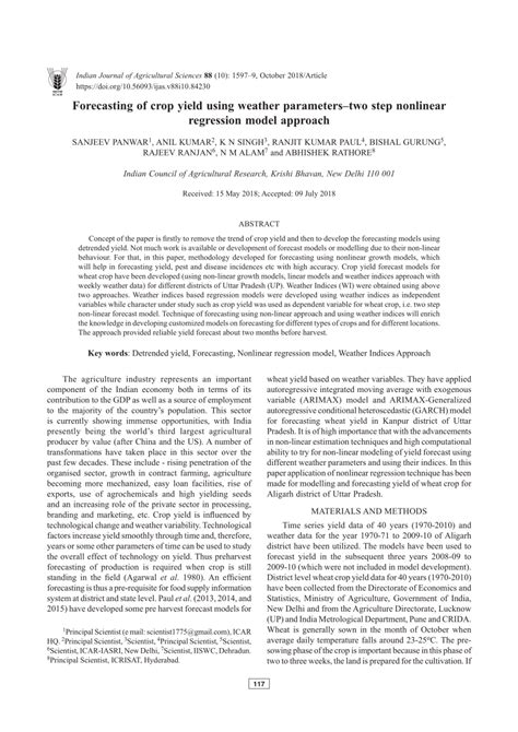 Pdf Forecasting Of Crop Yield Using Weather Parameters Two Step Nonlinear Regression Model