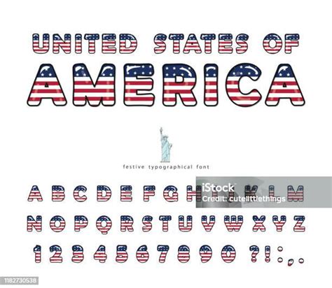 미국 만화 글꼴입니다 미국 국기 색상입니다 문자와 숫자를 잘라냅니다 관광 디자인에 대한 밝은 알파벳 자유의 여신상 벡터 0명에 대한 스톡 벡터 아트 및 기타 이미지 Istock