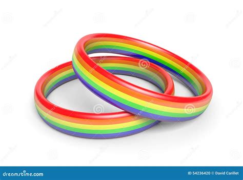 Two Wedding Rings With Rainbow Flag Colors A Symbol Of Gay Or Same Sex