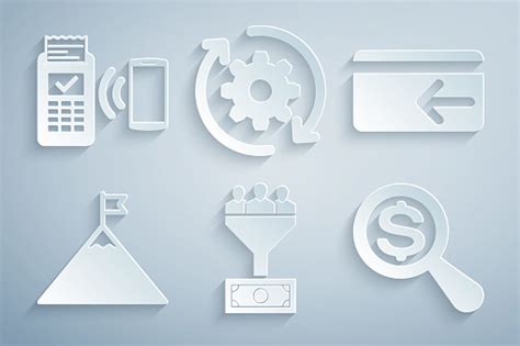 리드 관리 캐시 백 산과 깃발 돋보기 달러 기어 화살표 워크플로우 및 Pos 터미널 아이콘을 설정합니다 벡터 깔때기에 대한 스톡