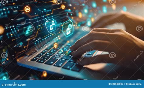 Dark Mode Backdrop With A Close Up Of Hands Typing On A Keyboard Surrounded By Digital Security