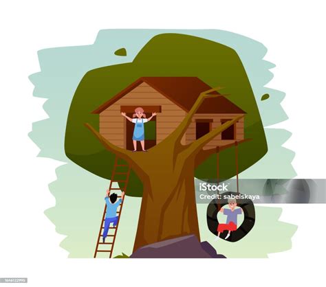 아이들은 나무 위의 집 그네와 사다리가 있는 나무 기둥 벡터 고립된 만화 게임 나무 헛간 여름 캠프에서 즐거운 시간을 보냅니다 건물 외관에 대한 스톡 벡터 아트 및 기타