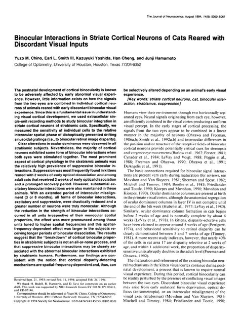 Pdf Binocular Interactions In Striate Cortical Neurons Of Cats Reared With Discordant Visual
