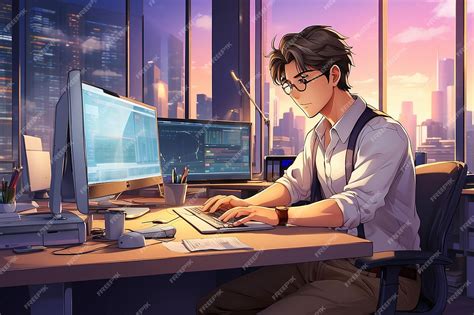 Premium Ai Image Anime Engineer Working On A Computer In Office