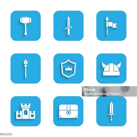 왕관 골동품 보물 상자 중세 검 뿔 달린 헬멧의 바이킹 성 요새 창 및 망치 아이콘으로 방패를 설정하십시오 벡터 강철에 대한 스톡 벡터 아트 및 기타 이미지 Istock