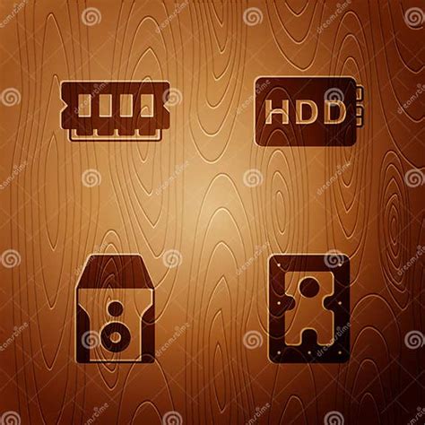 Set Hard Disk Drive Hdd Ram Random Access Memory Uninterruptible Power Supply And On Wooden