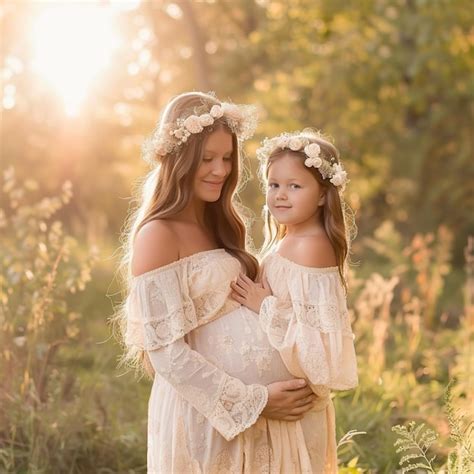 Pregnant Mother And Daughter In A Field At Sunset Generative Ai