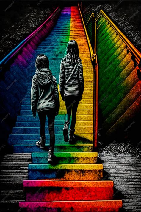 Premium Photo Two Girls Climbing Stairs Psychedelic Colors Searching