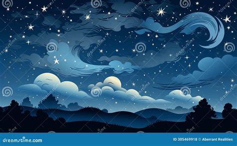 Vector Illustration Of Night Sky With Stars And Clouds Stock