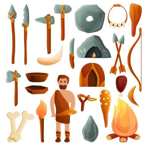 Conjunto De La Edad De Piedra Estilo De Dibujos Animados Vector Premium