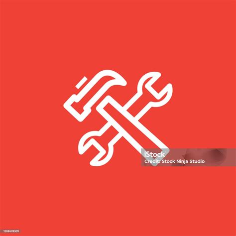 흰색 배경에 망치와 렌치 라인 빨간색 아이콘입니다 빨간 평평한 스타일 벡터 일러스트 고정 기어에 대한 스톡 벡터 아트 및 기타 이미지 고정 기어 공구상자 공학