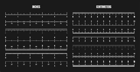 길이 또는 높이를 측정하기위한 사실적인 흰색 센티미터 및 인치 스케일 분할이 있는 다양한 측정 스케일 눈금자 테이프 측정 표시 크기 표시기 벡터 일러스트 레이 션 0명에