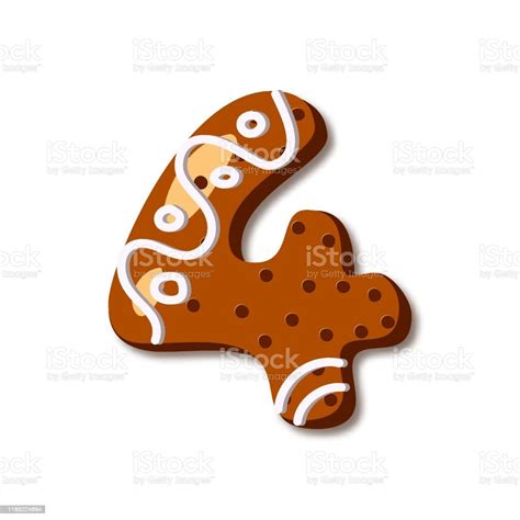 쿠키 형태의 귀여운 숫자 4 유약 크리스마스 음식 진저 브레드 프로스팅이 있는 달콤한 비스킷 캐릭터 흰색 배경에 고립 된 설탕 을 장식 하는 그림 플랫 스타일 벡터