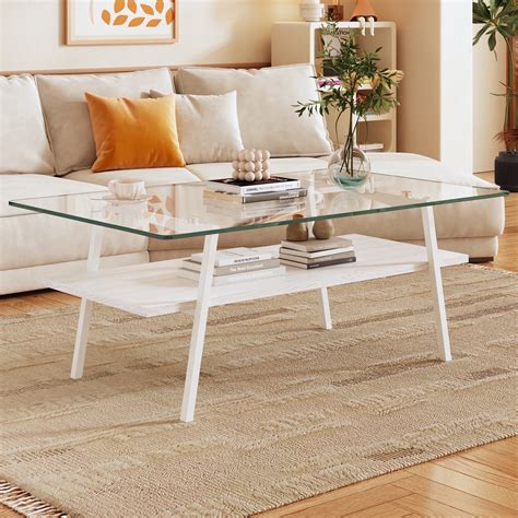 Nmkwnr Rectangle Tempered Glass Tabletop Coffee Table With White Metal