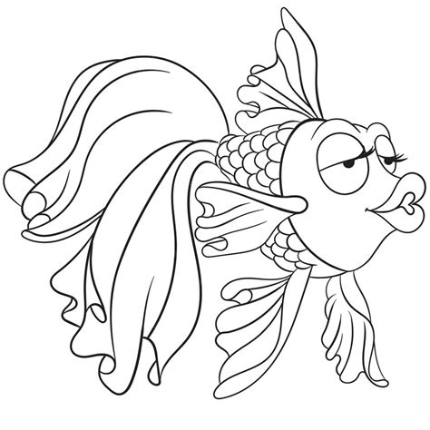 큰 입술을 가진 재미있는 금붕어 아이들을 위한 만화 색칠 공부 페이지입니다 프리미엄 벡터