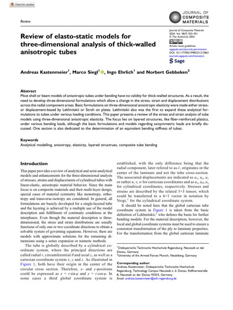 Review Of Elasto Static Models For Three Dimensional Analysis Of Thick Walled Anisotropic Tubes
