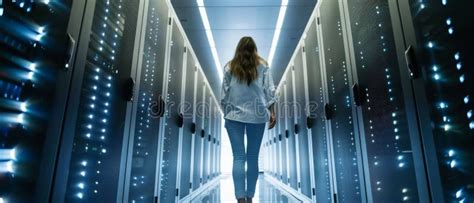 a beautiful female data center it technician inspecting server cabinets with a laptop computer