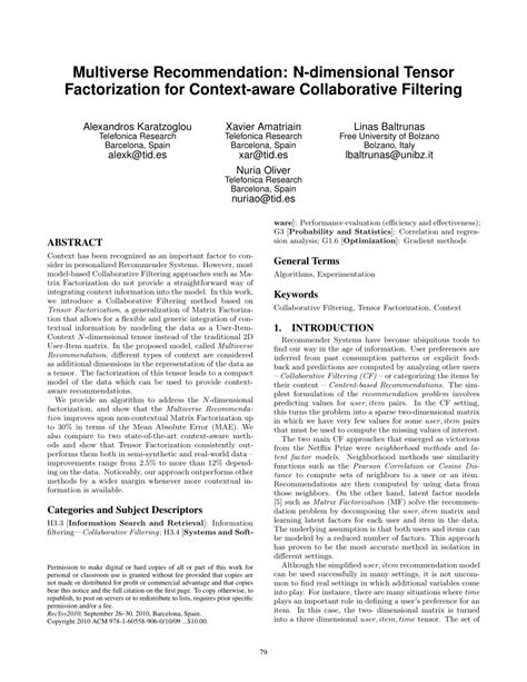 Pdf Multiverse Recommendation N Dimensional Tensor Factorization For Context Aware