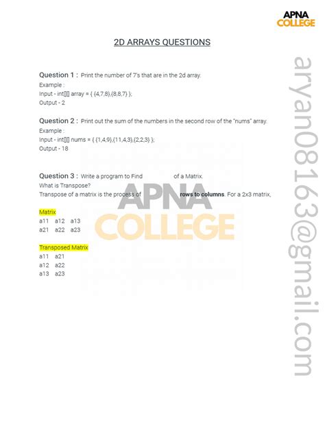 2d Arrays Questions Pdf