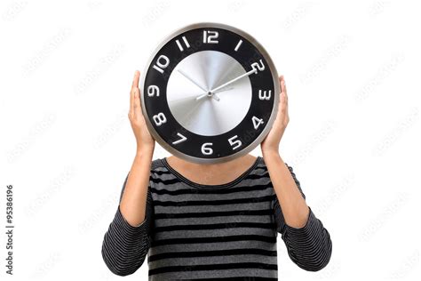 Babe Woman Covered Her Face With Clock Against White Stock Photo Adobe Stock