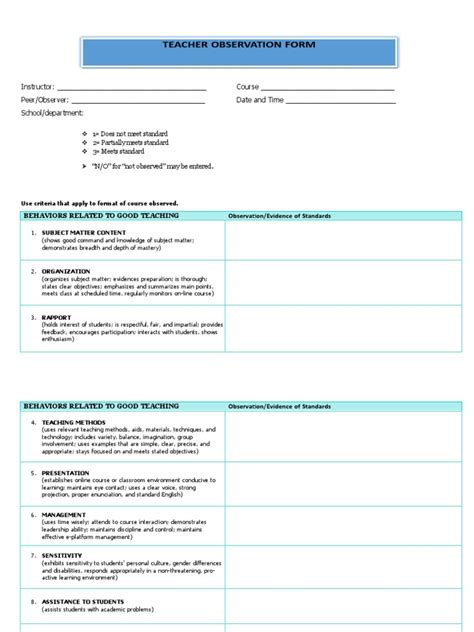 Classroom Observation Form Download Free Pdf Educational Technology Teachers