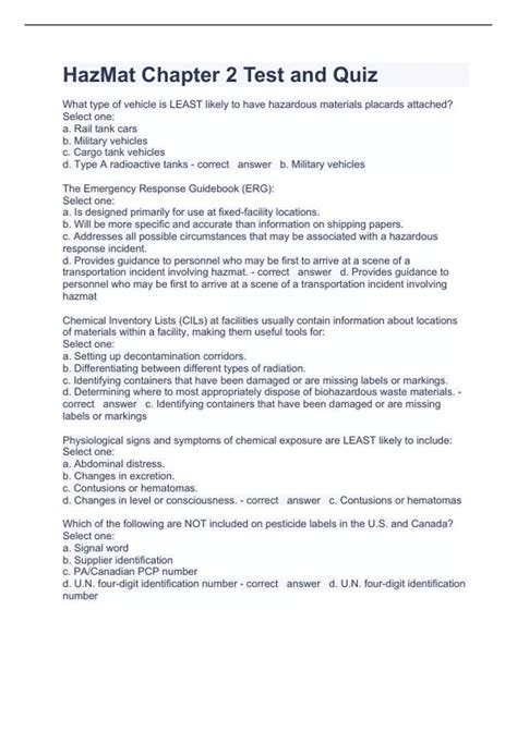 Hazmat Chapter 2 Test And Quiz Question And Answers Correctly Solved