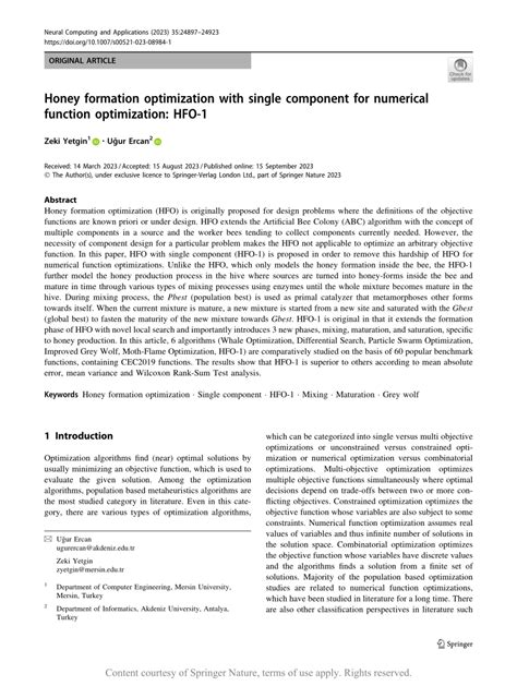 Honey Formation Optimization With Single Component For Numerical Function Optimization Hfo 1