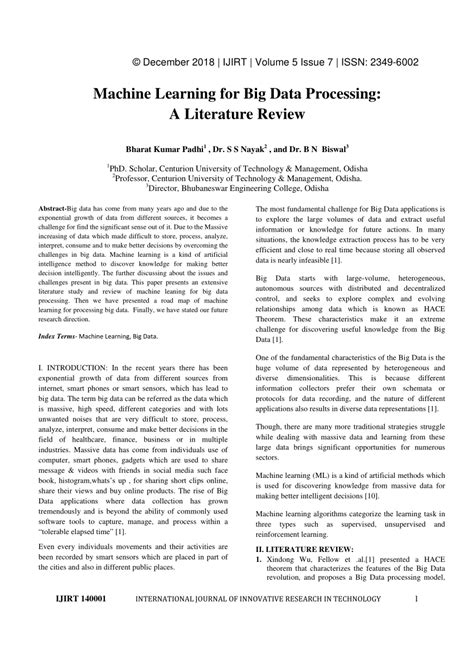 pdf machine learning for big data processing a literature review