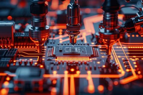 Premium Photo Advanced Microchip Assembly In Fully Automated Electronics Manufacturing Facility